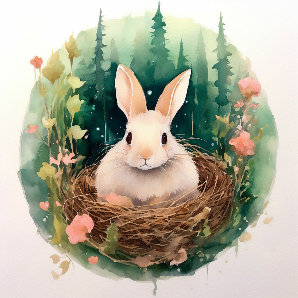 "A cute rabbit curled up in a nest against the background of a magical ...