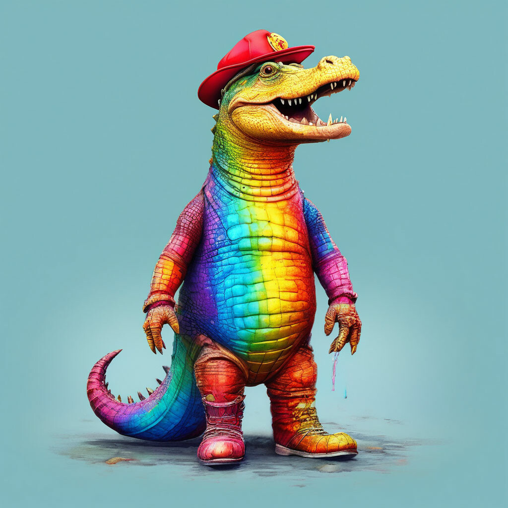 "A rainbow crocodile in boots and a cap" — image created in Shedevrum