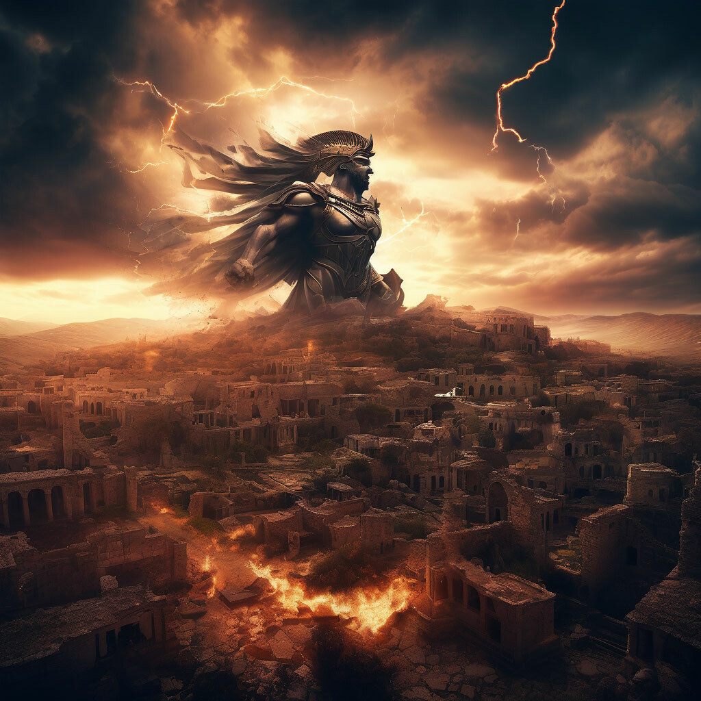 "Huge angry Ares, looking down from the sky at the old ruined ancient ...