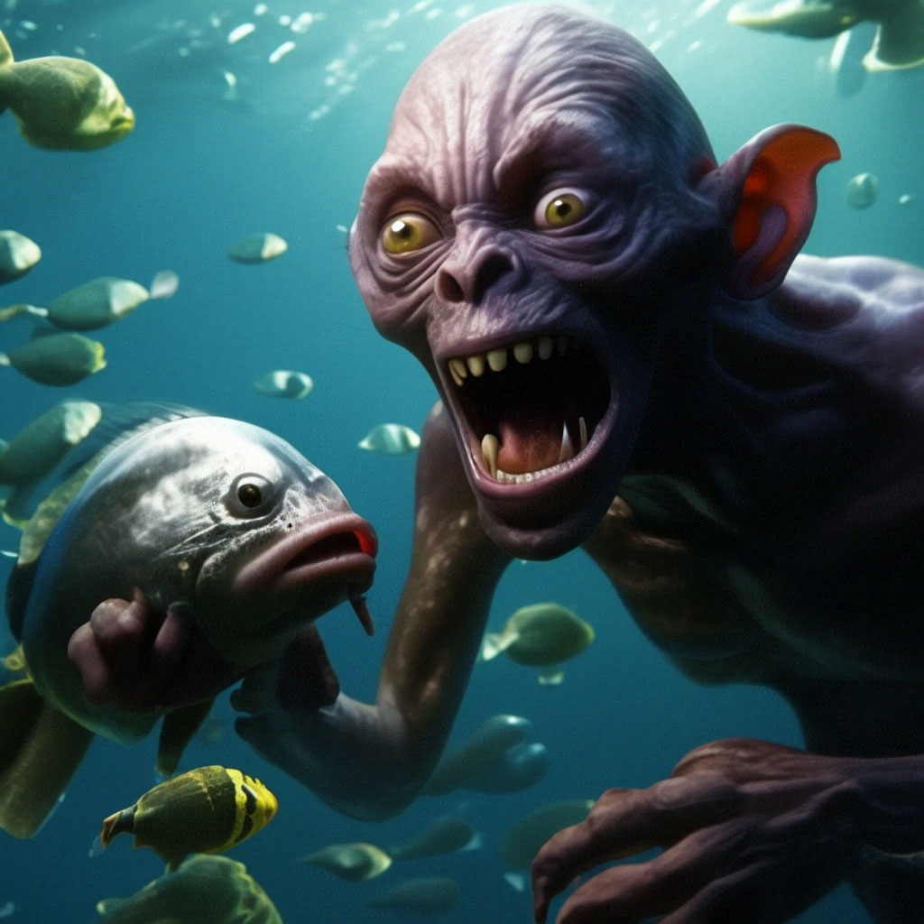 "Hungry gollum eats fish in the water,underwater wonderful world ...