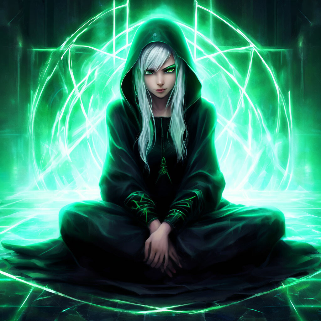 "Necromancer girl, ashen hair, green eyes, big eyes, glowing eyes ...