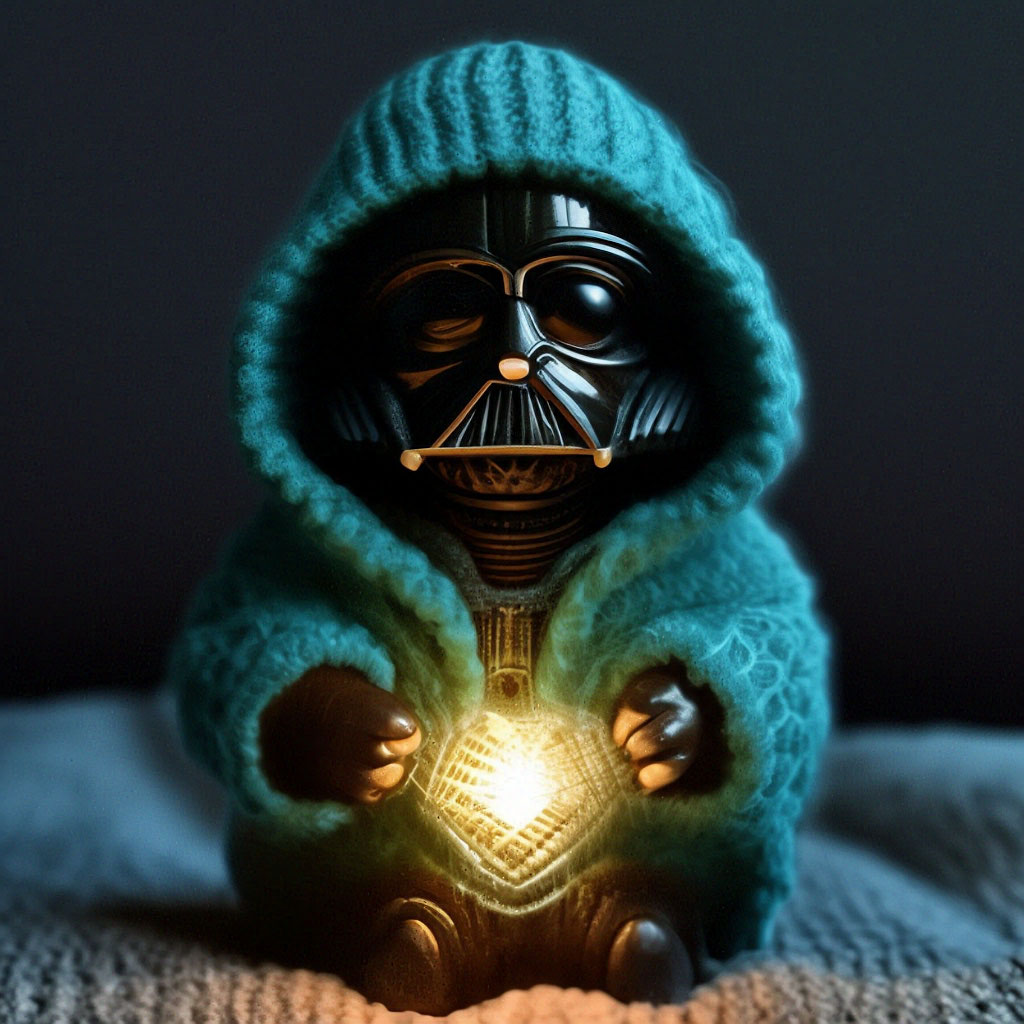 "Cute fluffy tiny Darth Vader in a knitted turquoise hoodie holds a ...