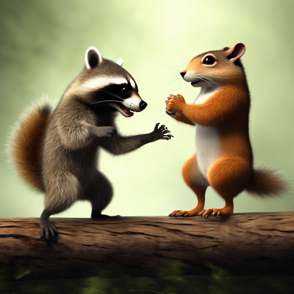 "A raccoon fights with a squirrel" — image created in Shedevrum