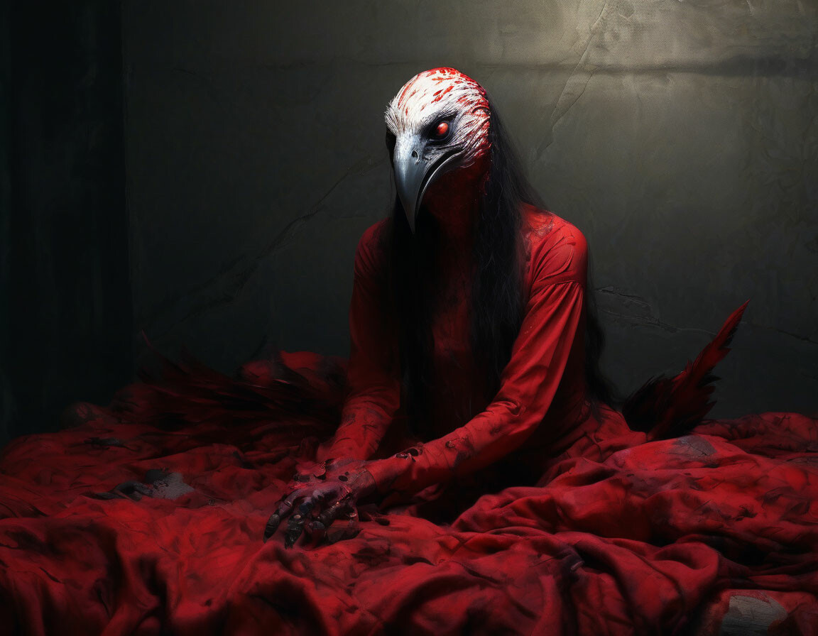 "Hybrid of a girl and a bird, monster, sitting on a bed, horror, red ...