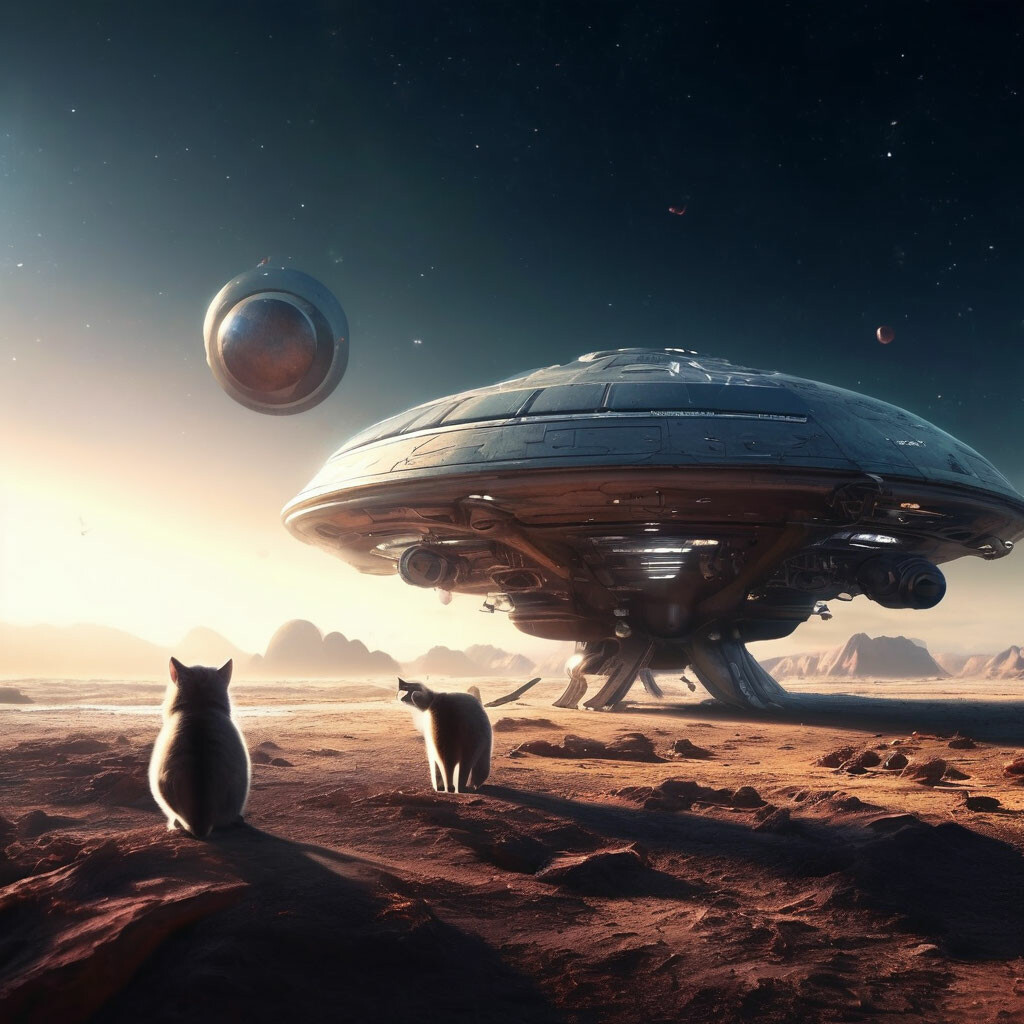 "A spaceship with alien cats exploring…" — image created in Shedevrum