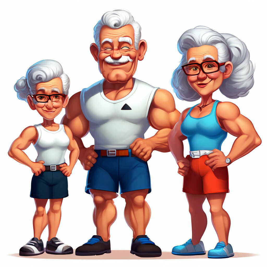 «Дедушка мужчина спортсмен бабушка папа мама ребёнок мускулистый мультяшные — картинка