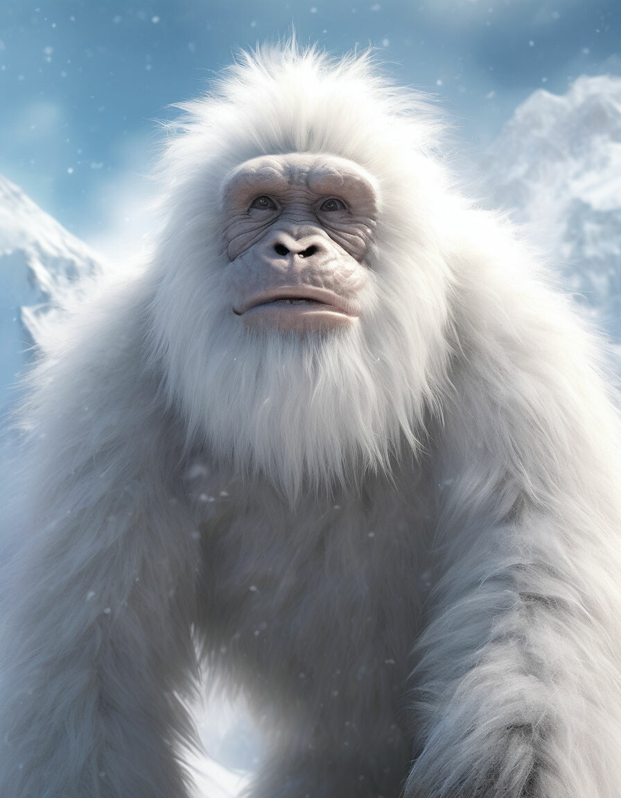 "Huge white hairy yeti humanoid, …" — image created in Shedevrum