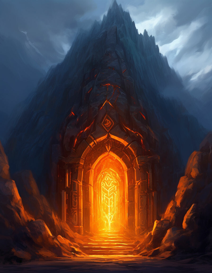 "Fantasy, DND, a stone entrance at the base of a giant mountain ...