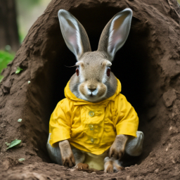 «A hare in a yellow dress is sitting in a hole. the hare's head and ...
