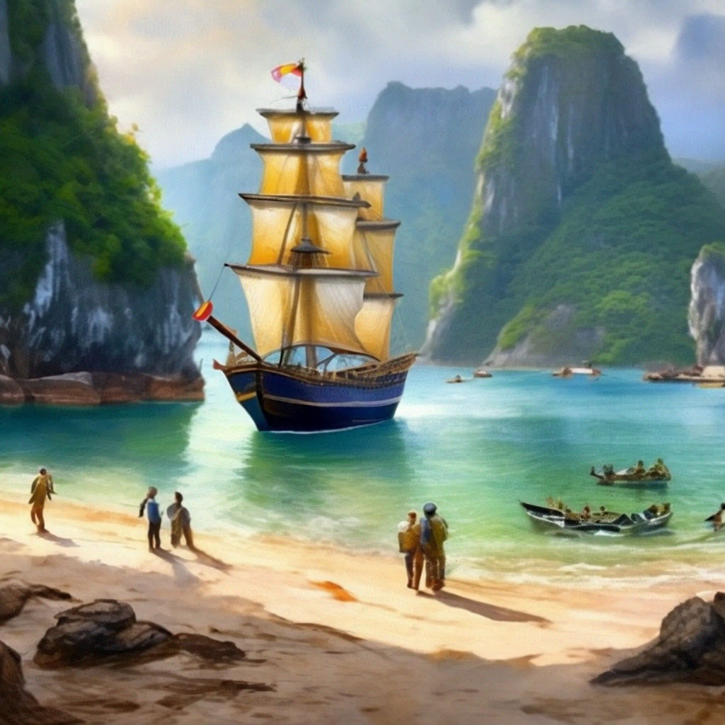 "A sandy beach, high cliffs of the islands rise above the water surface ...