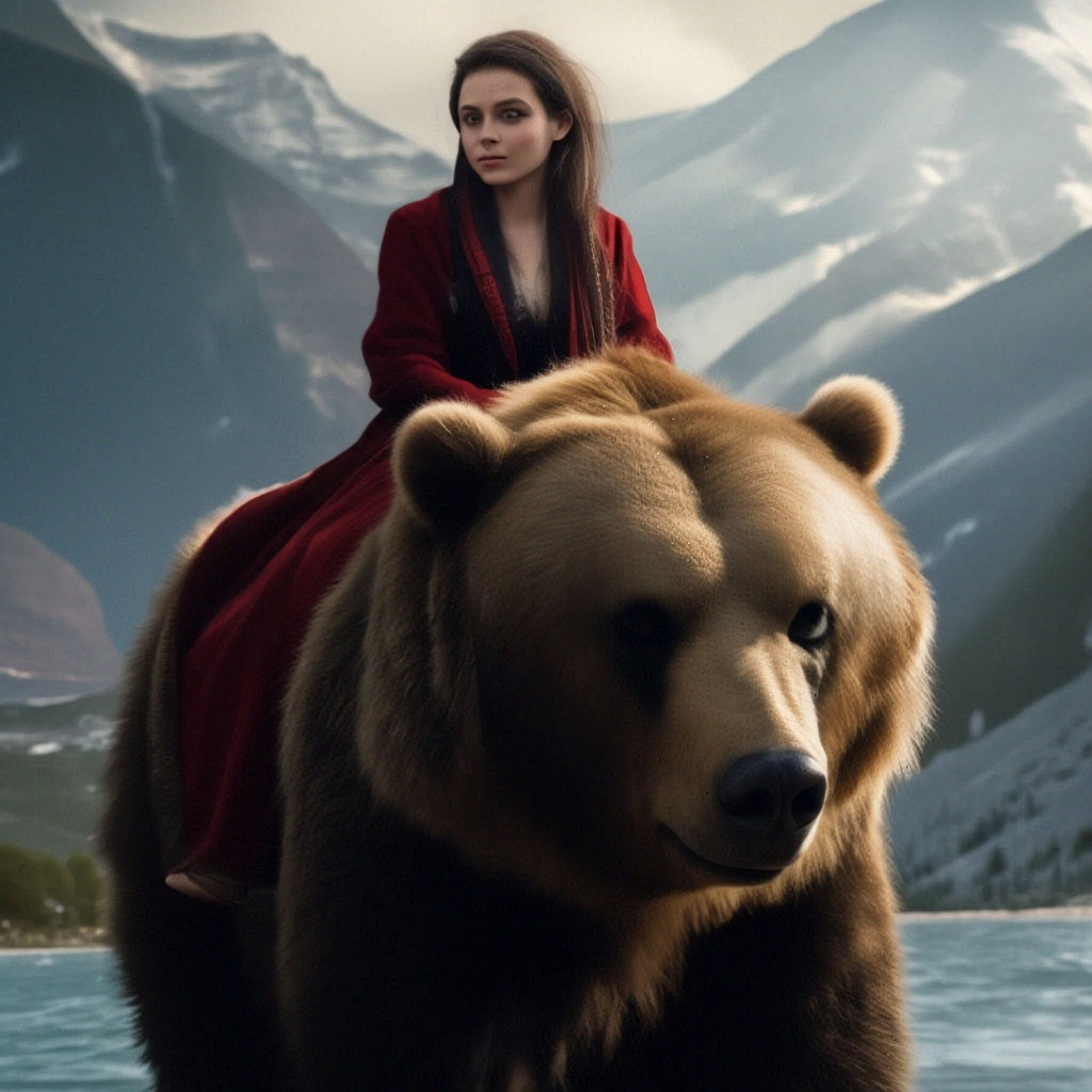 "The lady on the bear" — image created in Shedevrum