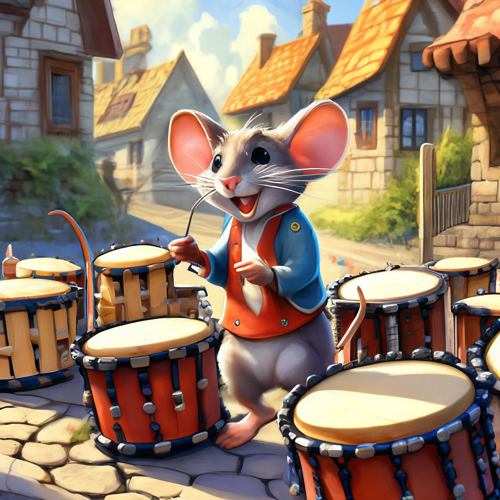 "On a village street, a cartoon mischievous mouse plays drums, ૦Ն૭คძ ...