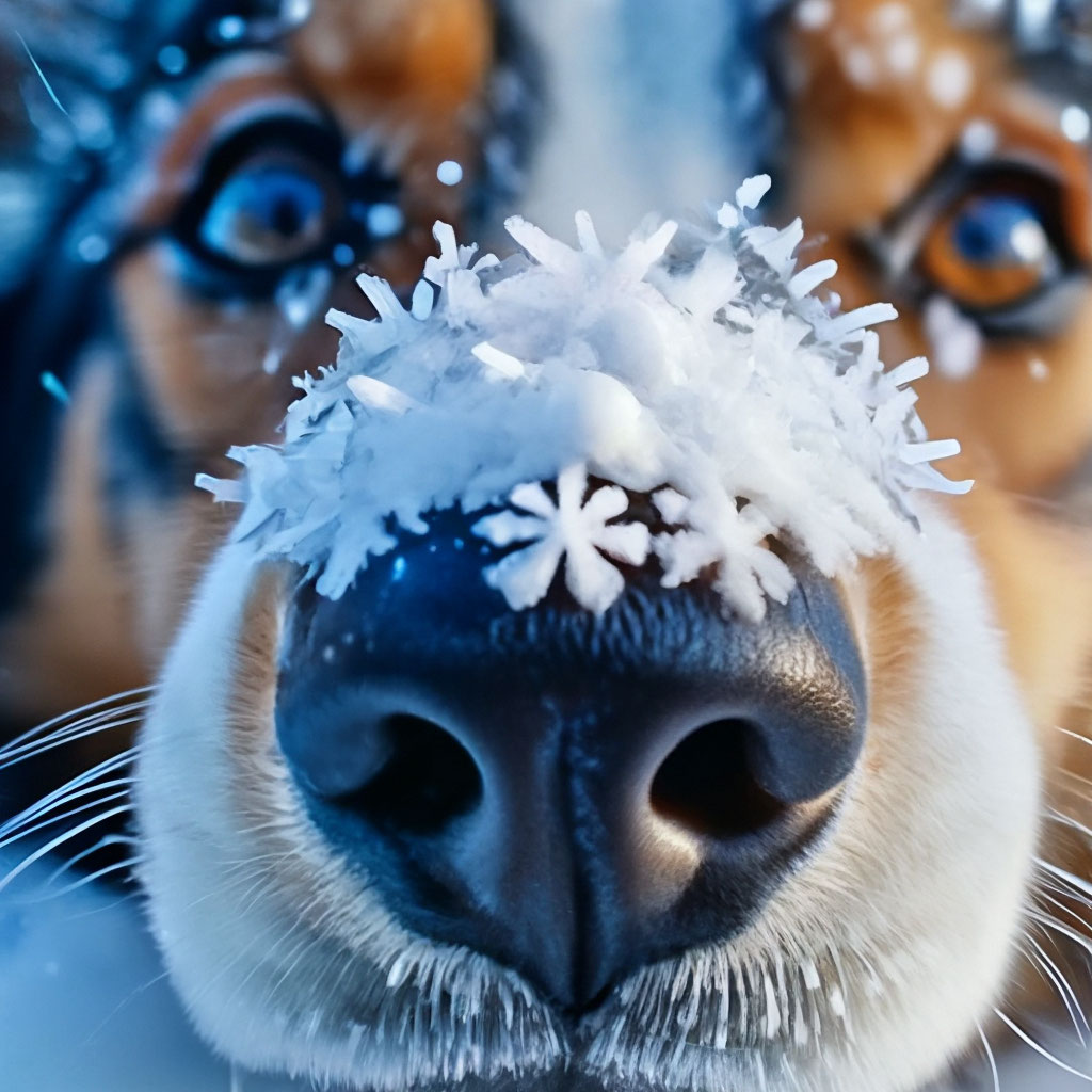 " 🪄 nose with snowflake close-up On the tip of the nose of a puppy with ...