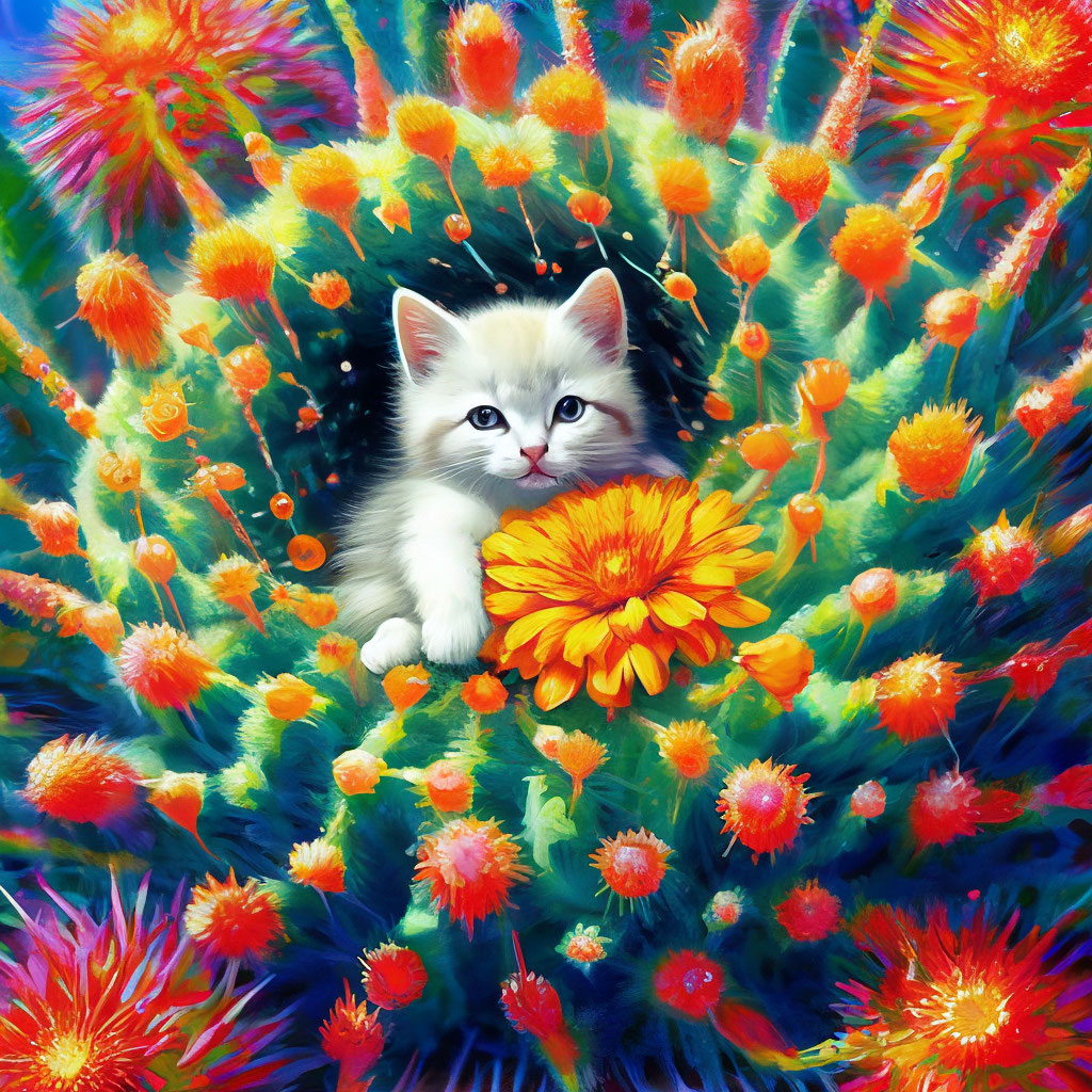 "🌺 a tiny cute kitten sleeps in the heart of a cactus, a flight of ...