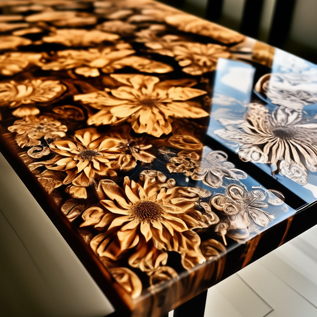 "A huge embossed piece of yacht wood, an epoxy resin table, inside the ...