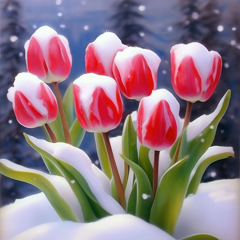 tulips made of snow painted on a sheet of a4 paper in dry pastel. The backg