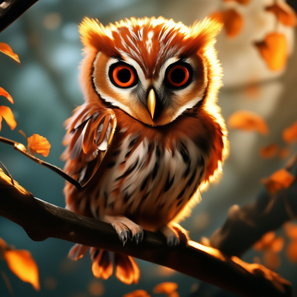 "Orange owlet sits on a branch of a tree,light,shadows,day,owl+cat ...