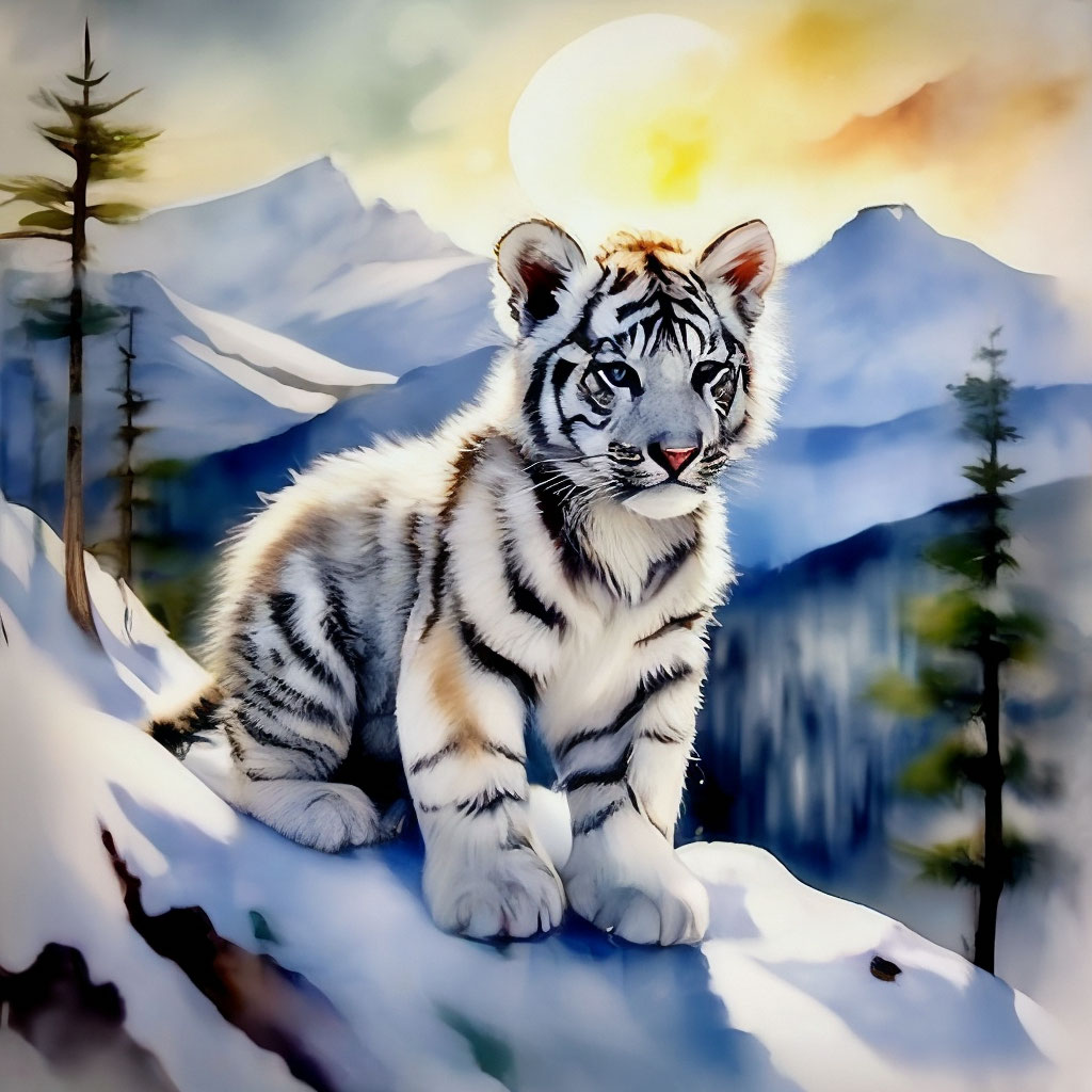 "Watercolor ink baby tiger cub white beautiful mountain snowy landscape ...