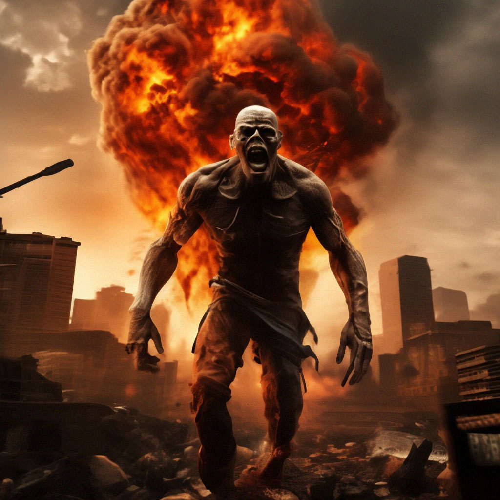 "A mutant zombie in a ruined city amid an atomic explosion" — image ...