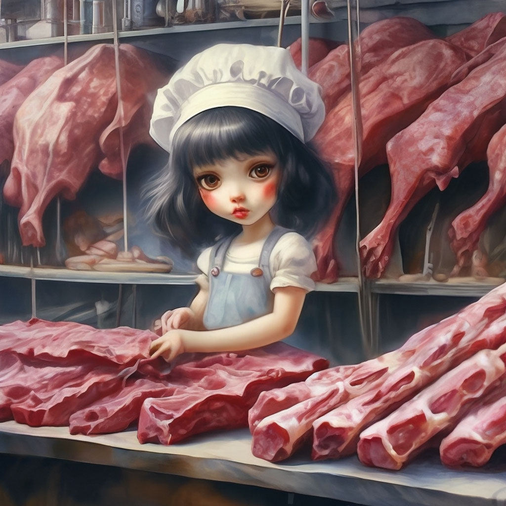 "Девочка и мясо. dry pastel, little chibi girl, silly eye,background in ...