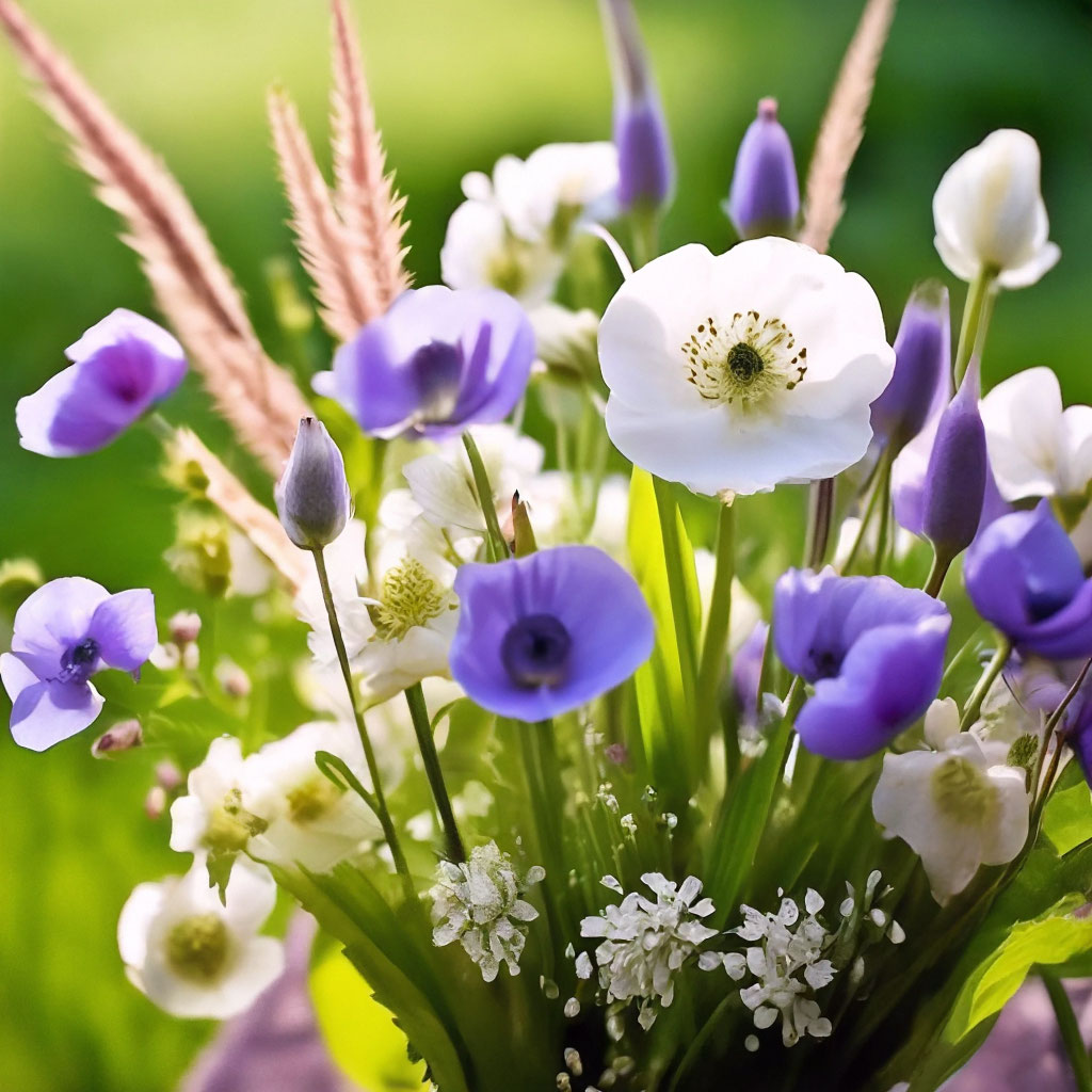 "Spring, delicate bouquet of flowers, terry white poppies, grasshopper ...