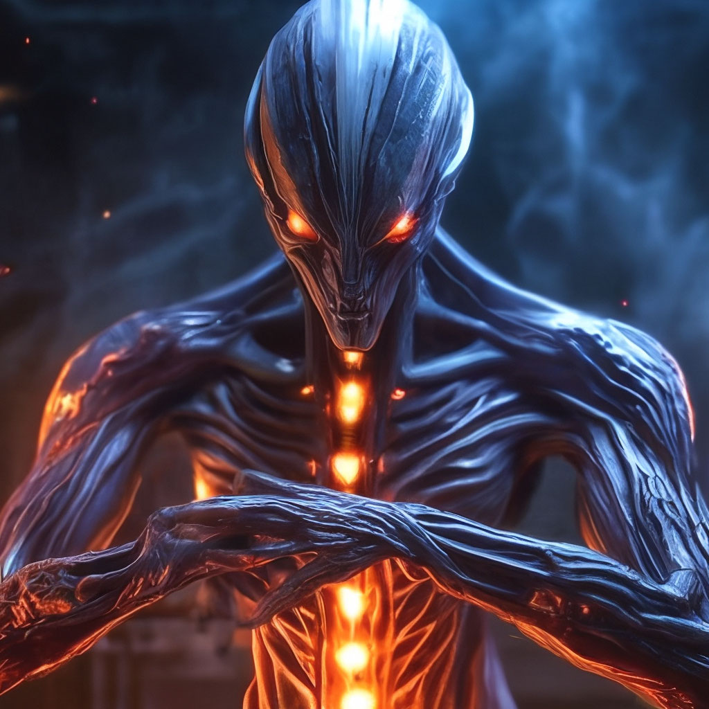 "⬜️ ⬜️ ⬜️ ⬜️ ⬜️ a photorealistic image, of a alien, Burning fire veins ...