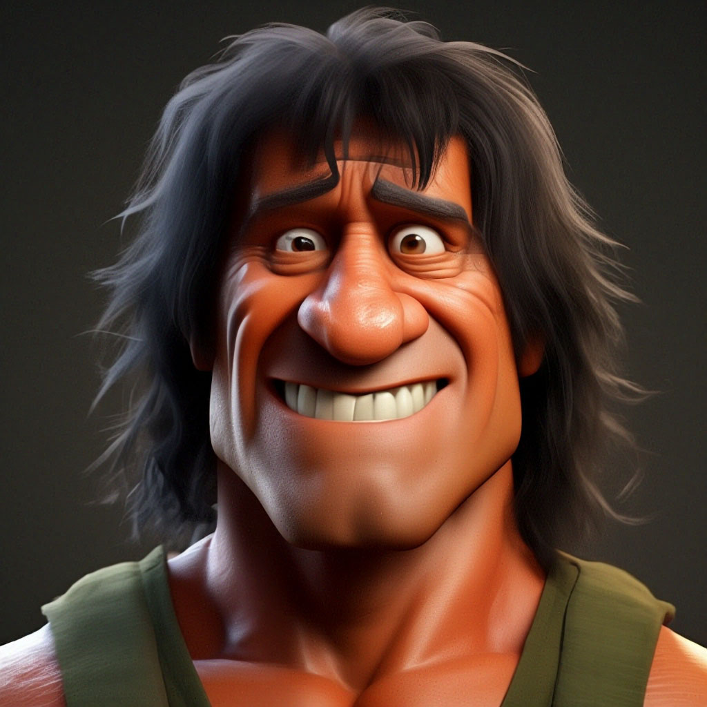 "Rambo's chin is very big like an excavator bucket, cartoon, caricature ...