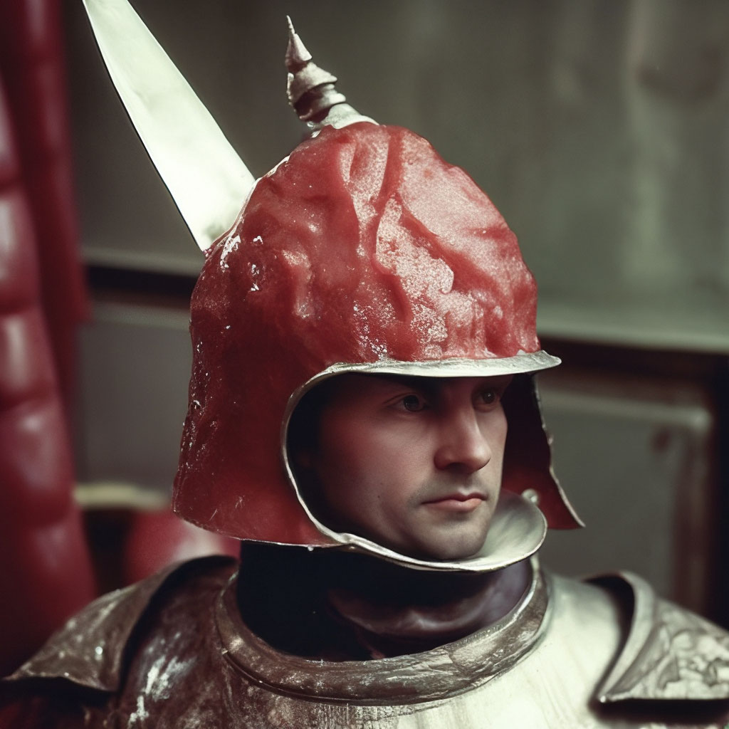 "A meat helmet from a bucket on the head of a knight of the Order of ...