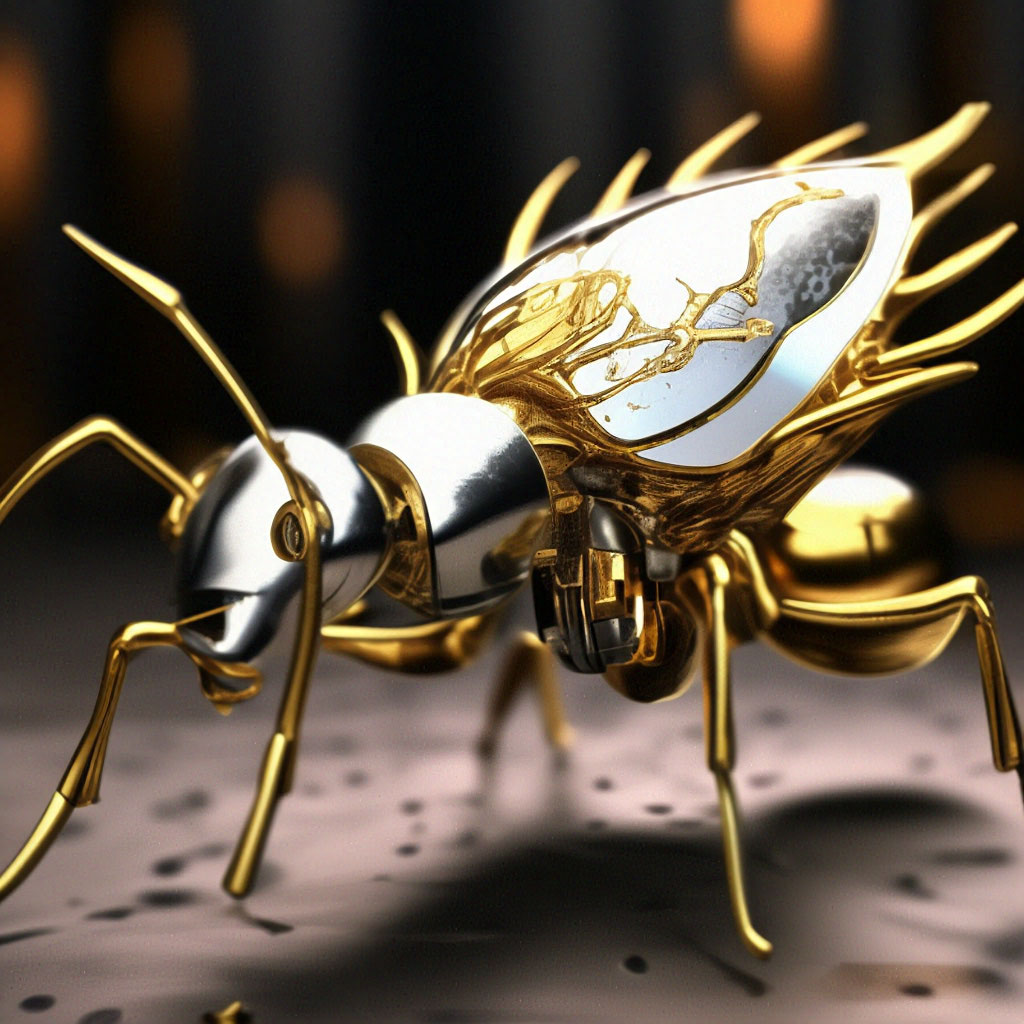 "Mutated ant, fractals, threads, ants, radiance, silver, gold, mother ...