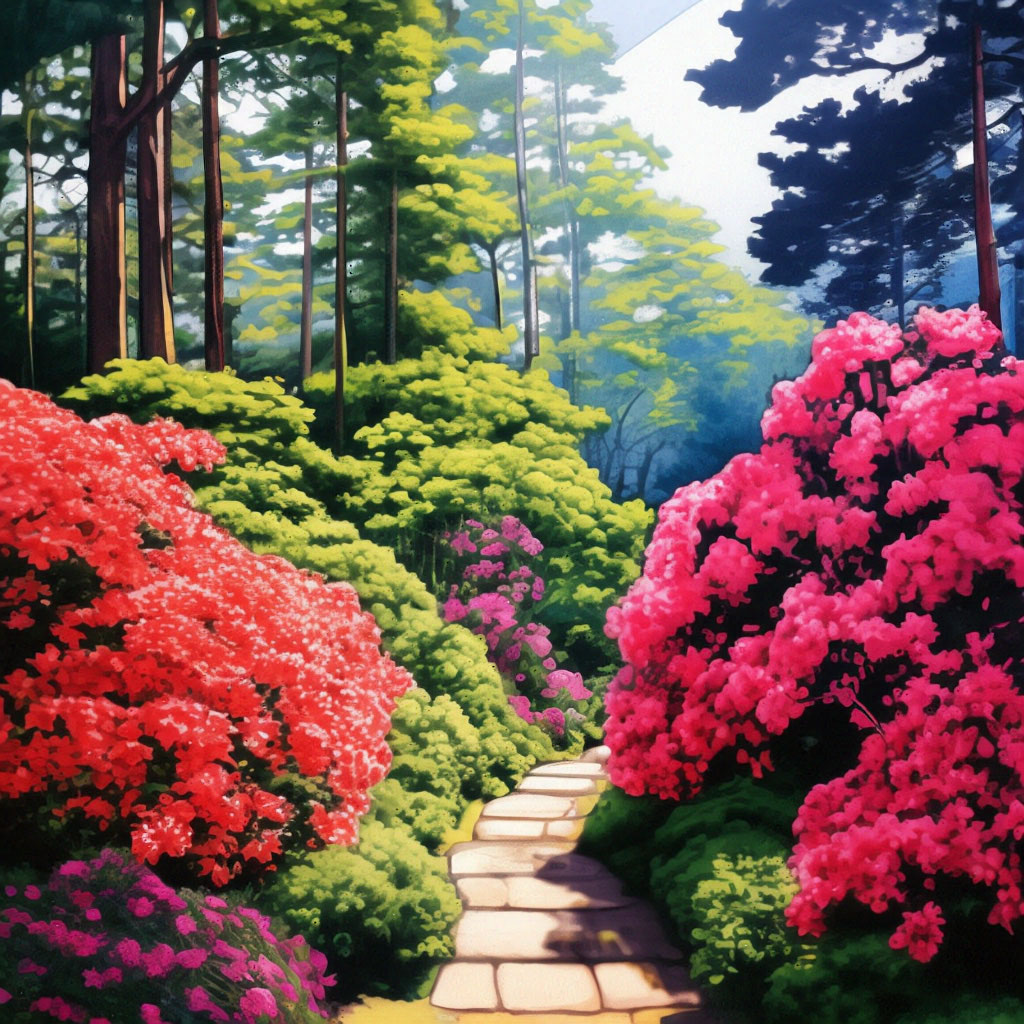 "Botanical garden, large thick azalea bushes" — image created in Shedevrum