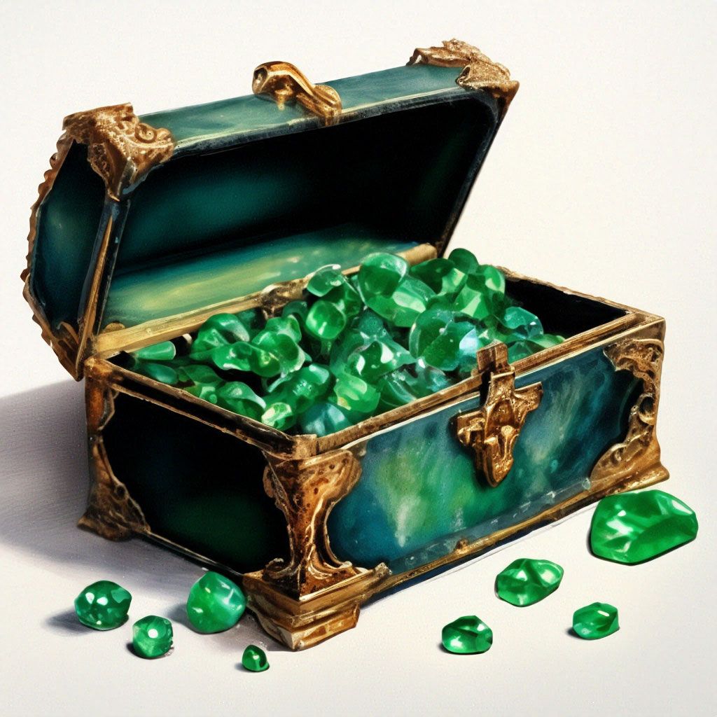 "A box with emeralds watercolor" — image created in Shedevrum
