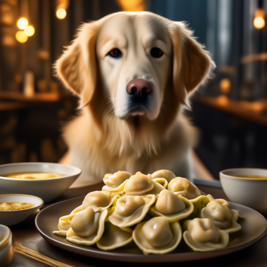 "A cute golden retriever dog is sitting at the table and pilmeni are on ...