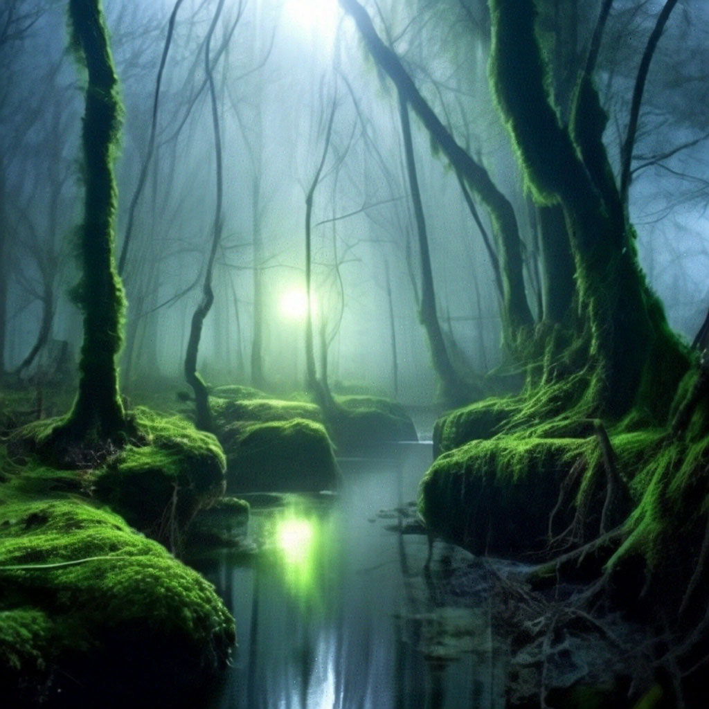 "Night, fog, scary swamp, moss-covered trees, beautiful,magnificent ...