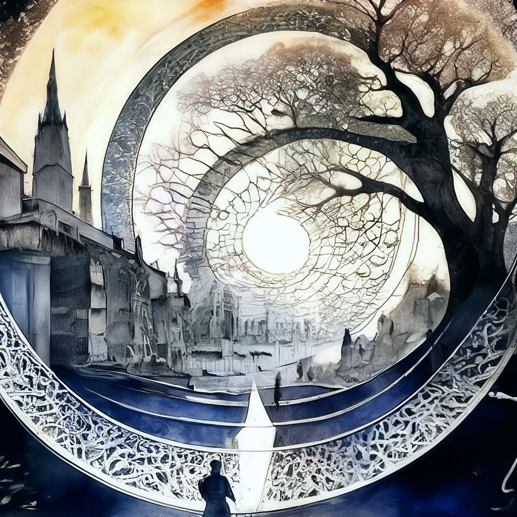 "Transparent watercolor, fine ink drawing, hazy haze, filigree, play of ...
