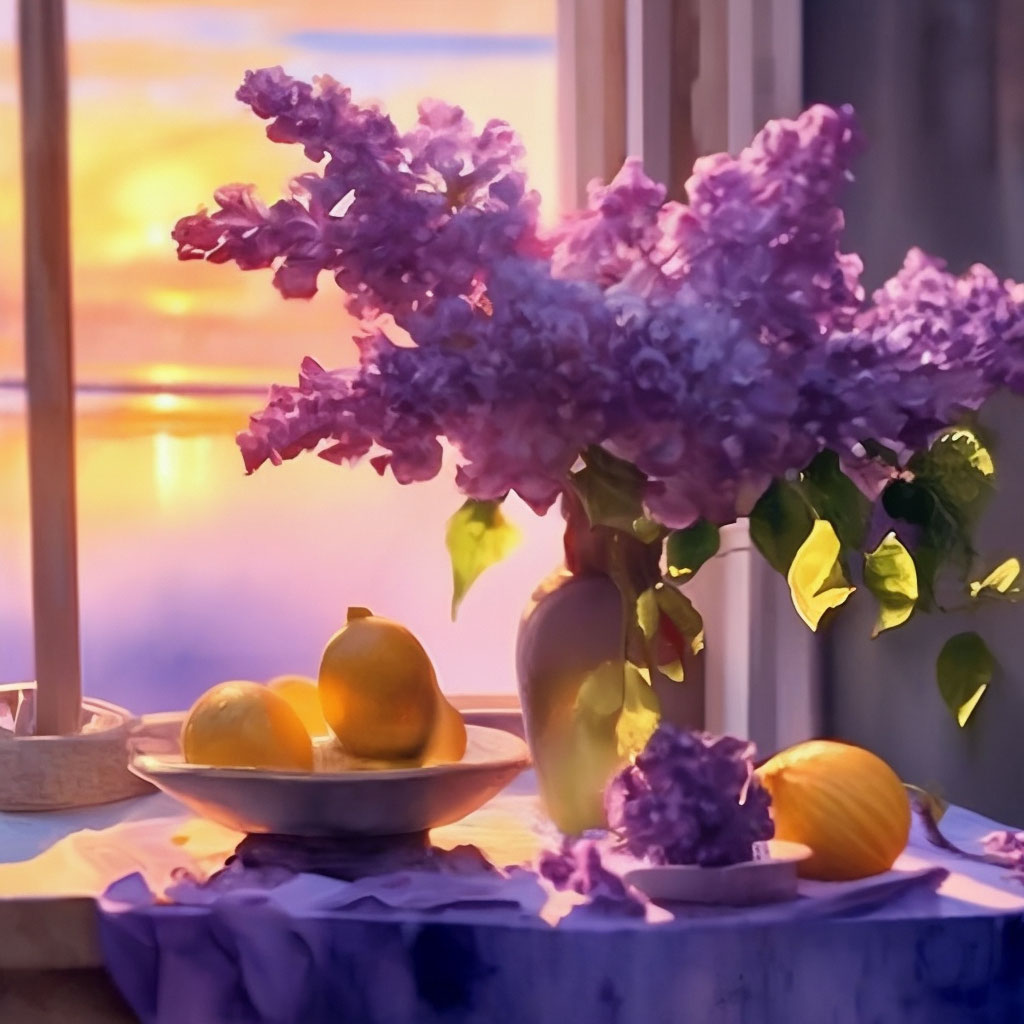 "Delicate watercolor still life with lilacs and other objects" — image ...
