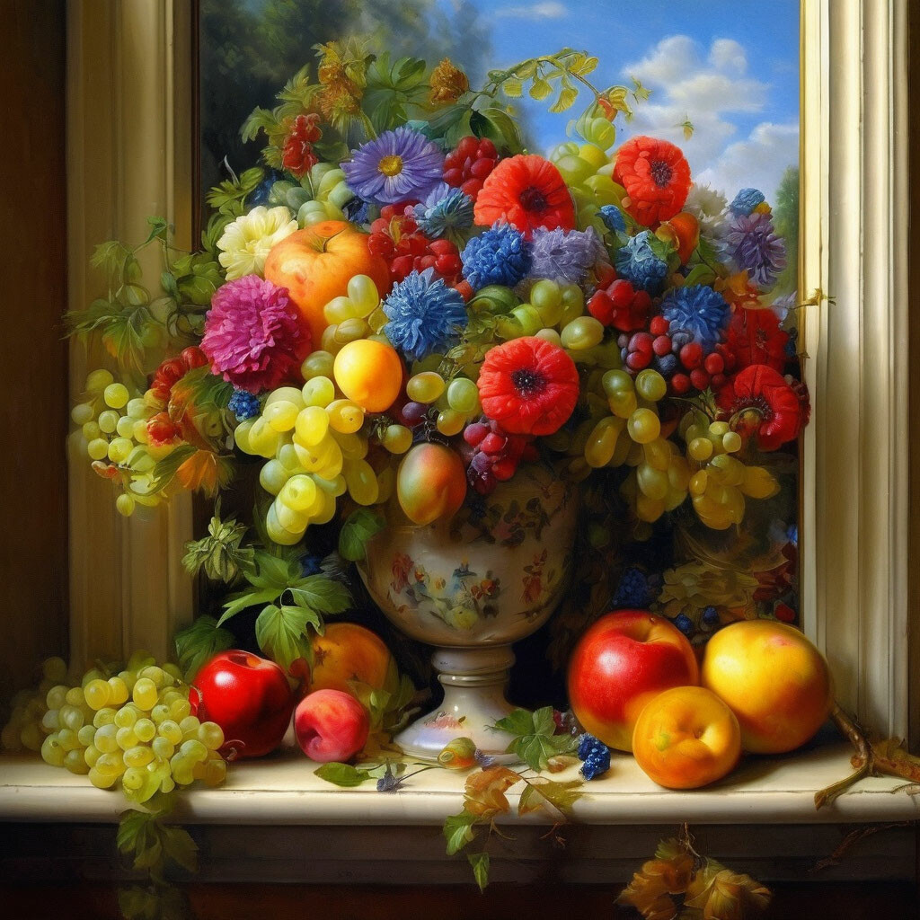 "Lush bouquet on the window, fruits, Biedermeier still life, high ...