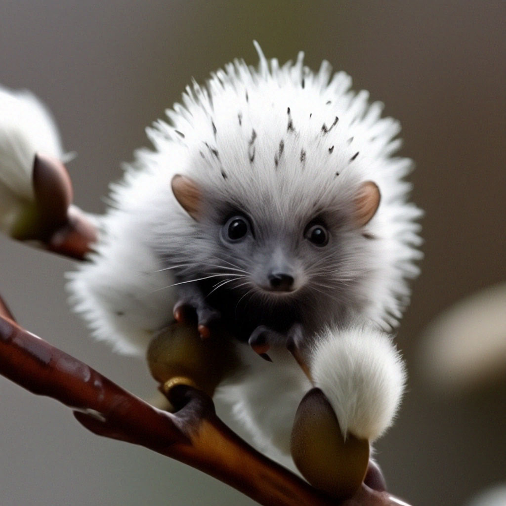 ". Palm hedgehogs on a willow branch there are tiny round fluffy cute ...