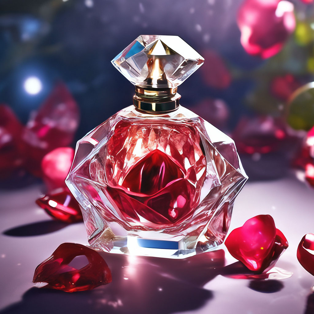 "Perfume magic explosive glass flowers ruby faceted platinum elements ...