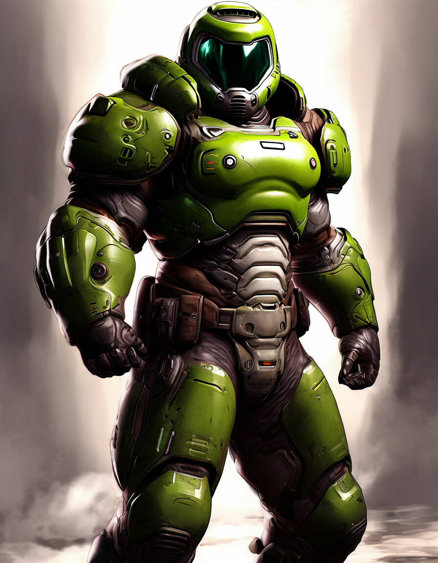 "Doomguy в мире fallout full body shot…" — image created in Shedevrum