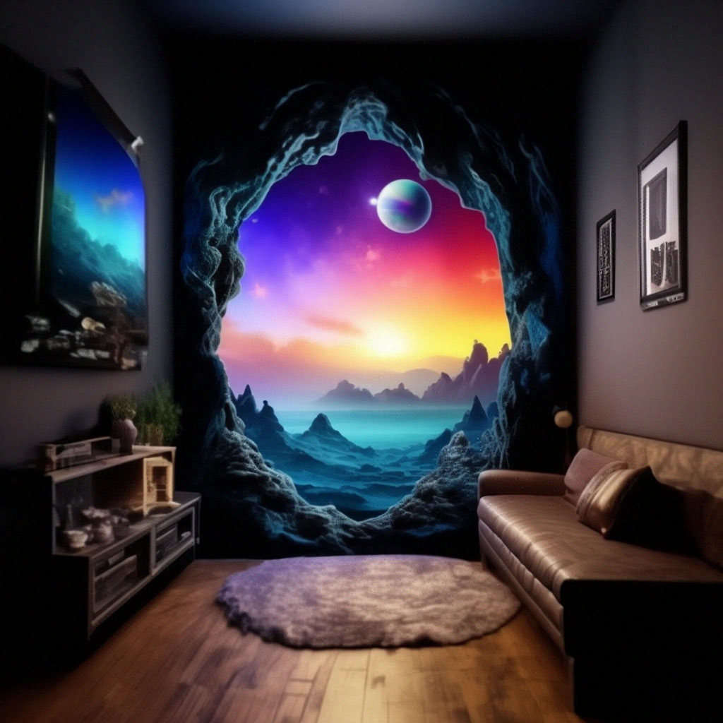 "A room with a surprise fantasy wall portal + landscape, luminous ...