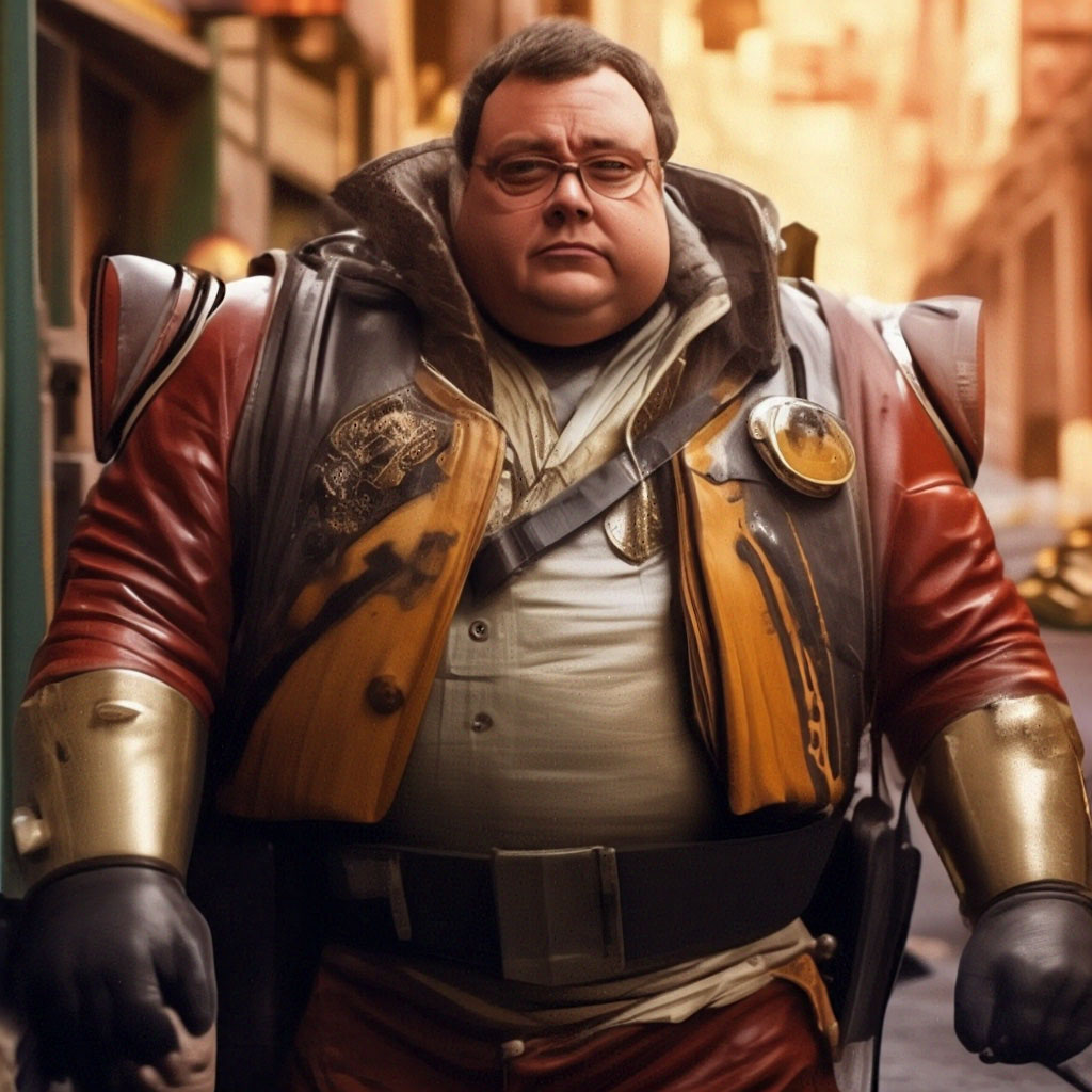 "Funny Guy, space pirate, huge fat man, bulletproof vest, unloading ...