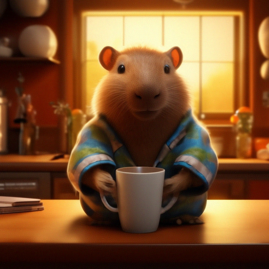 "Good morning! In cartoon 3d style, capybara sits in the kitchen and ...