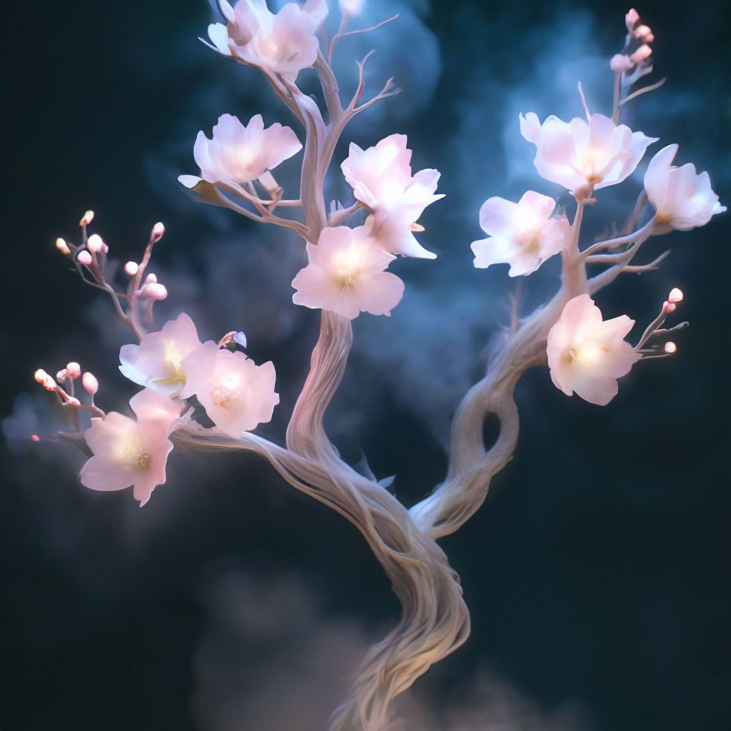 "On the transparent smoky trunk of an almond tree made of curly fibers ...
