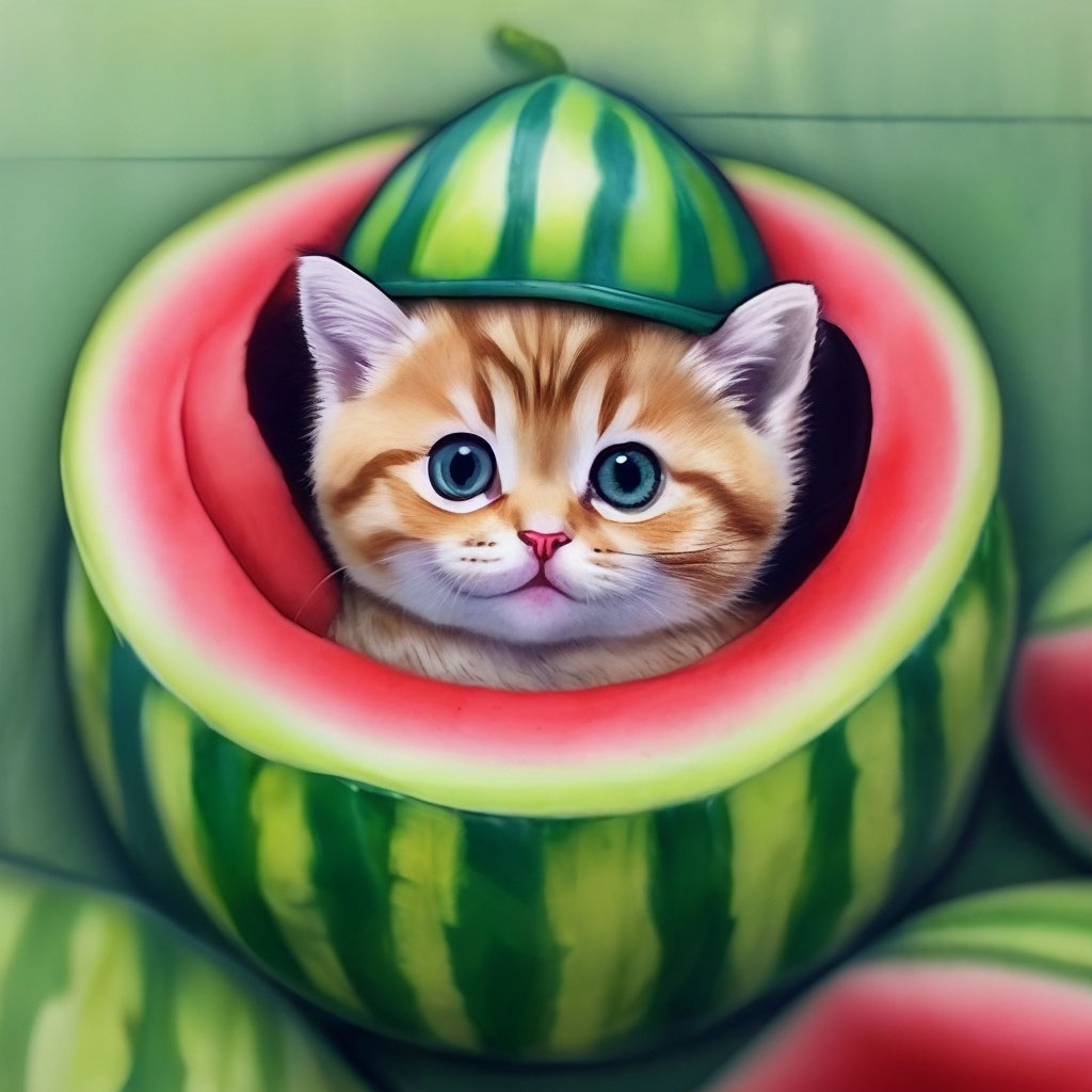 "🐱 a British kitten looks out of a watermelon, a watermelon cap on its ...