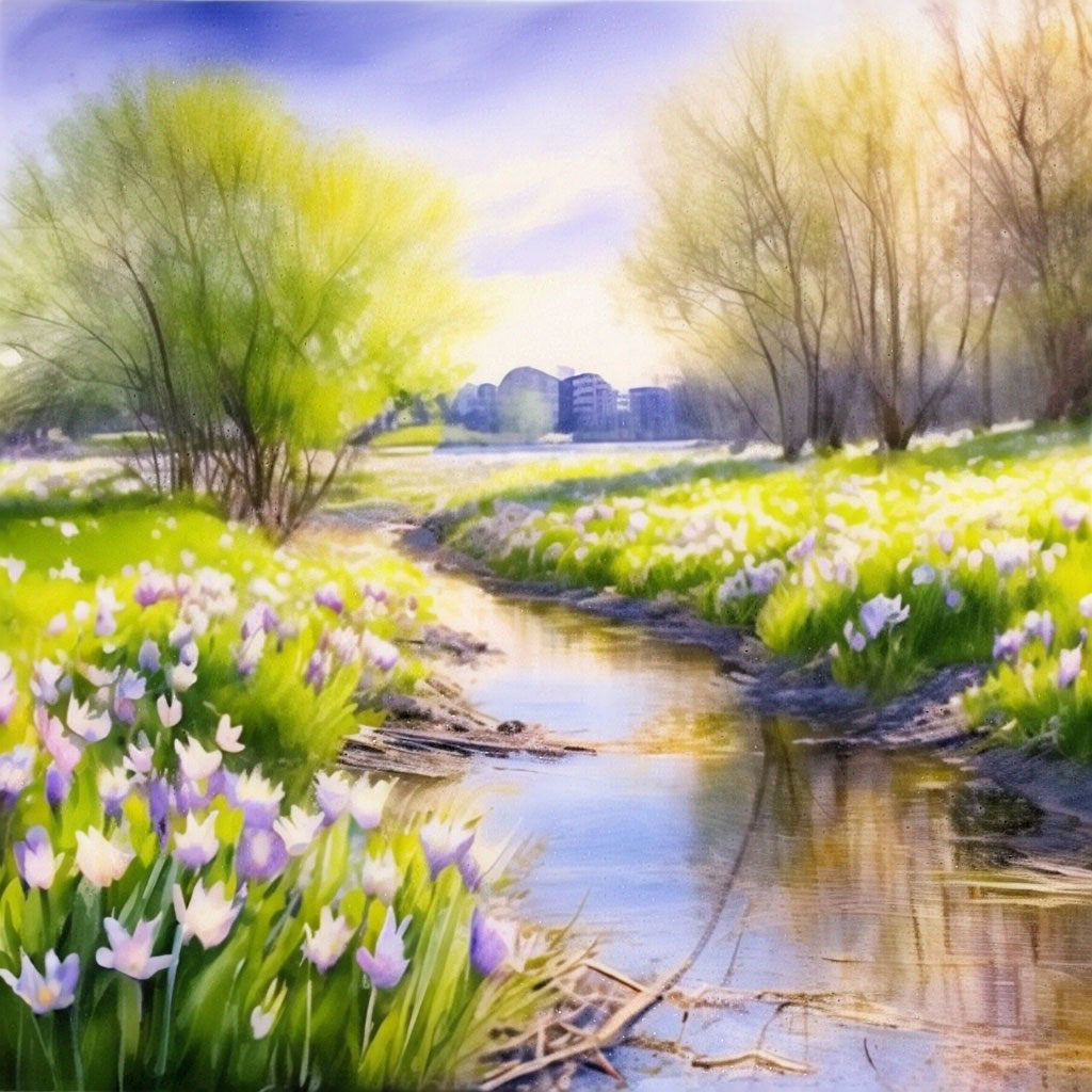"Landscape, spring flood, soft sunlight, first flowers, high detail ...