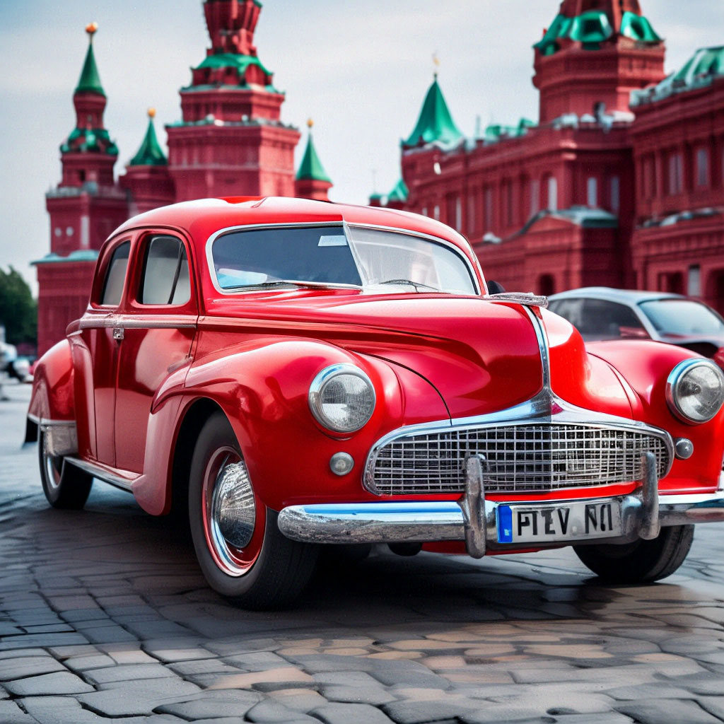 "A rare bright scarlet car stands on Red Square, aesthetically pleasing ...