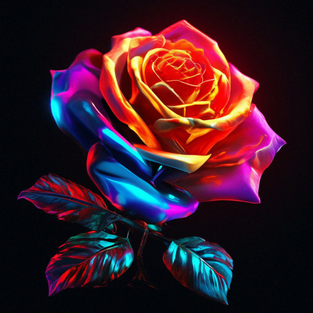 "Neon light,realism,rose, color pattern,glow on a realistic black ...