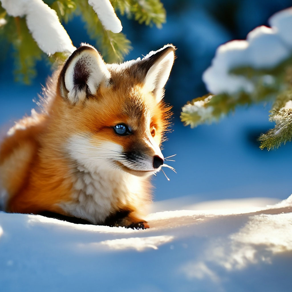 "Naturalism,photographic,realism, a small red fluffy fox cub with blue ...