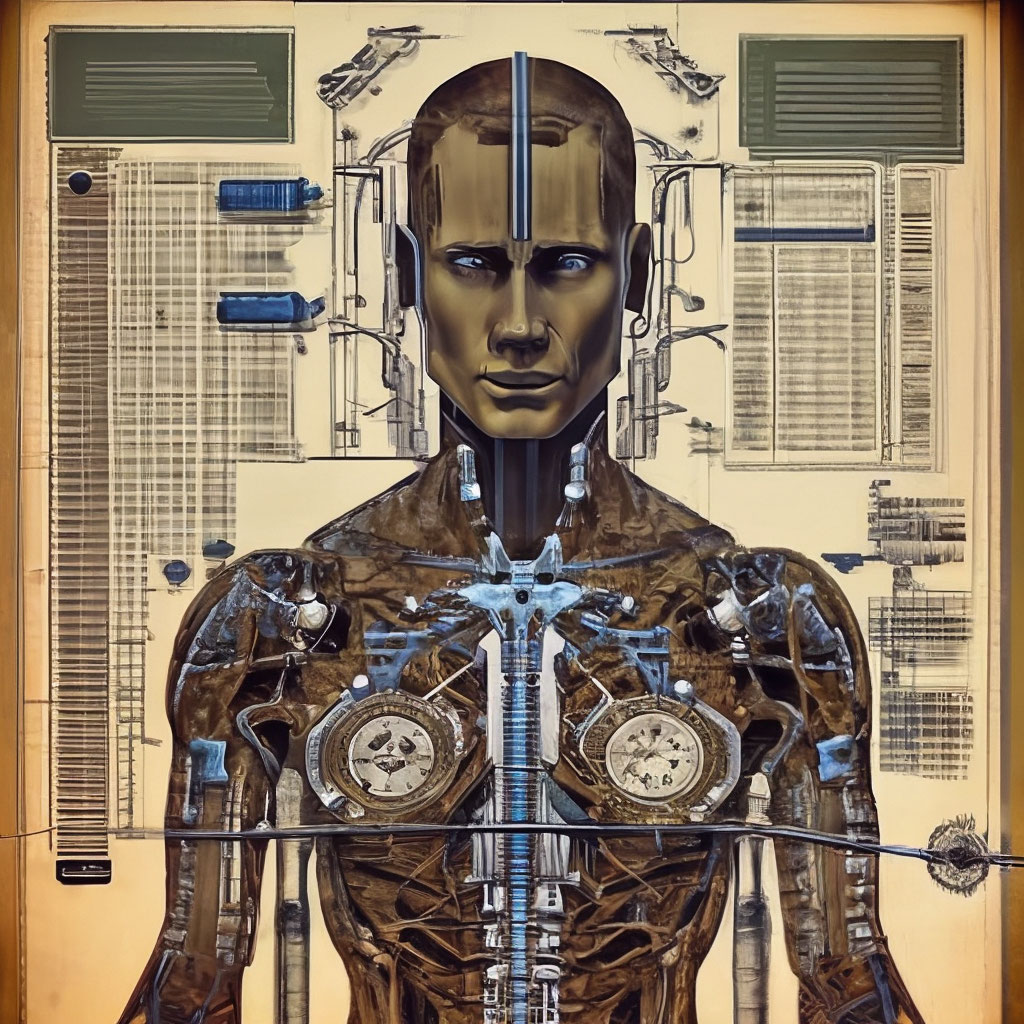 "A diagram of a human cyborg on paper" — image created in Shedevrum