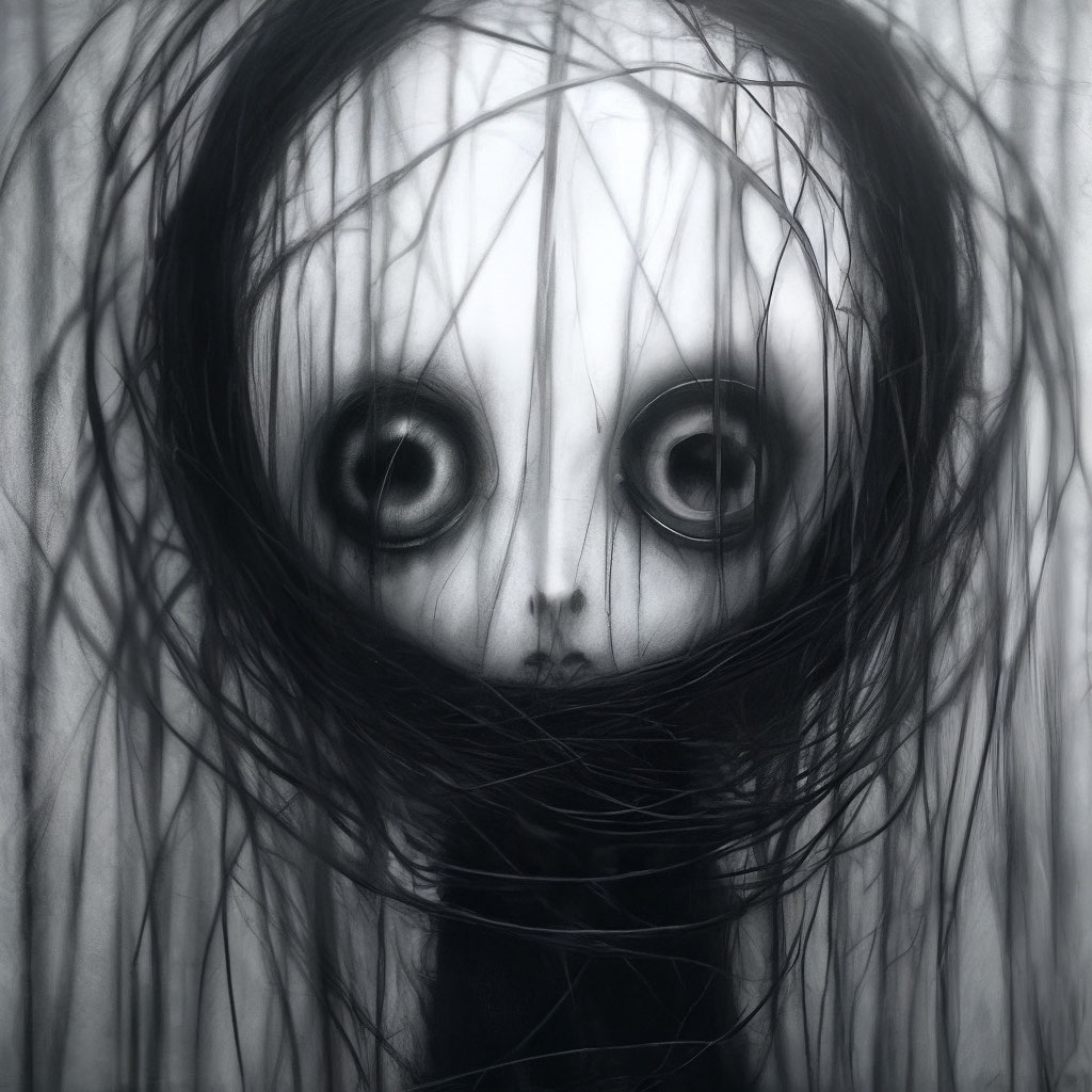 black, white, threads, horror, round, big eyes, semi-darkness, fine ...